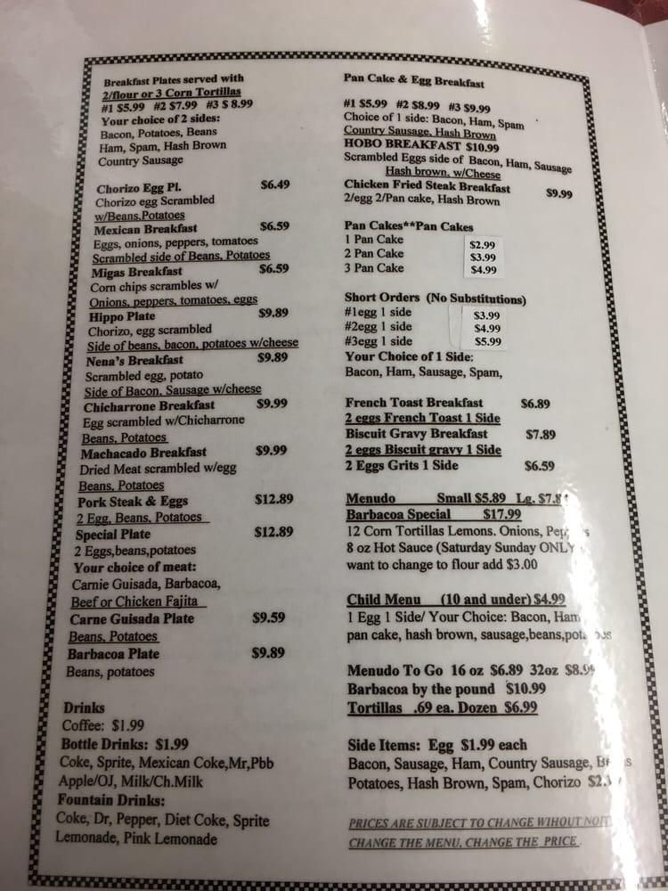 Menu at Nena's Mexican Restaurant, Clute
