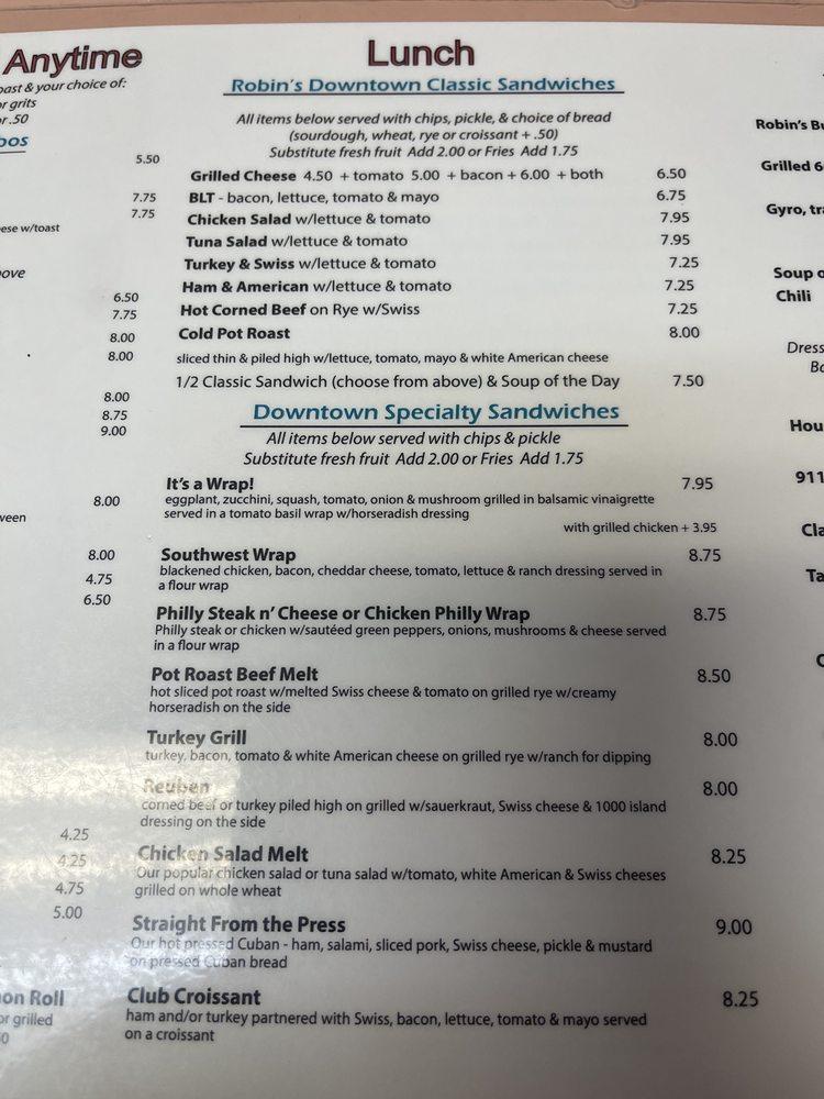 Menu at Robin's Downtown Cafe, Bradenton