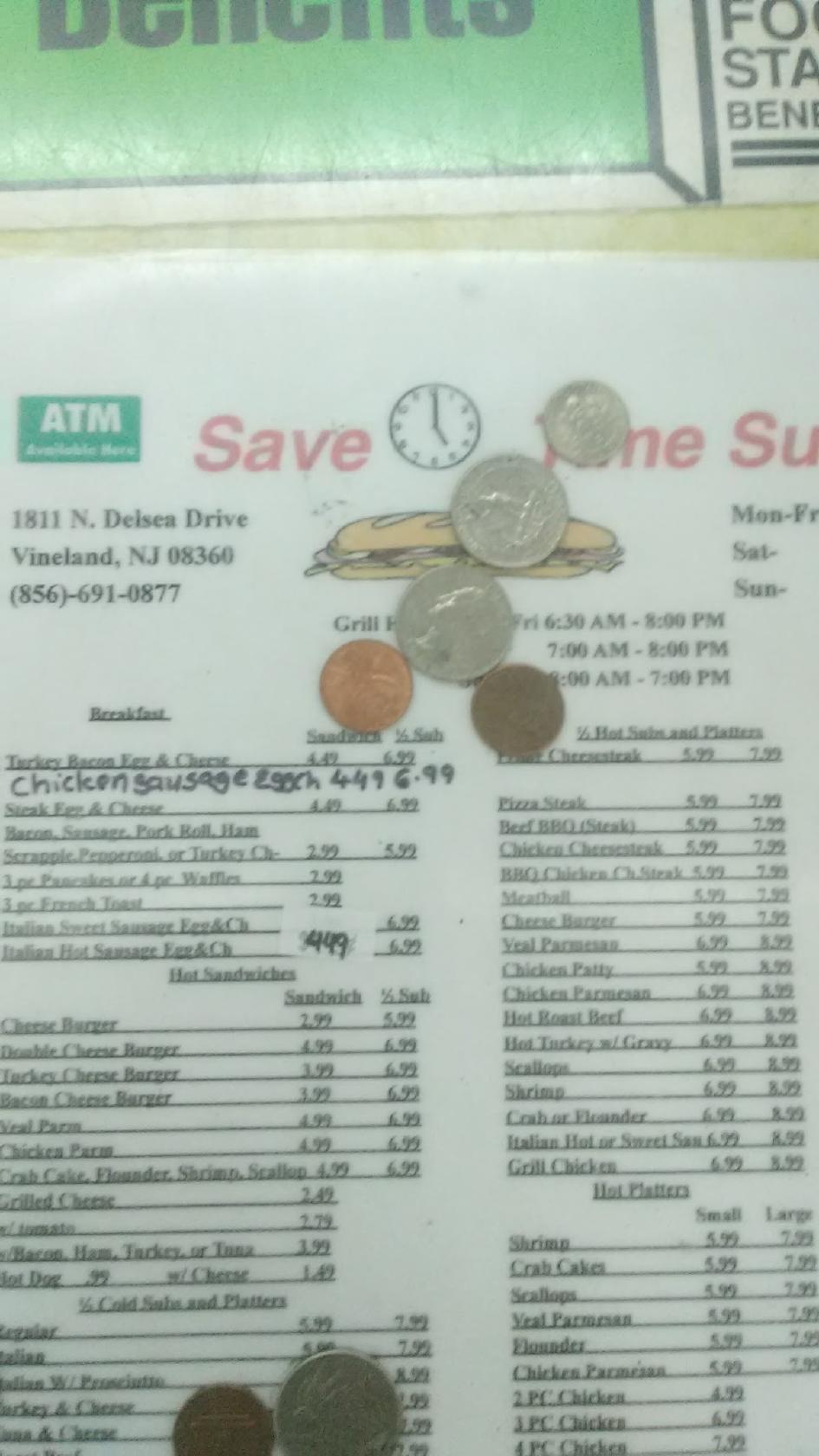 Menu at Save Time Subs, Vineland