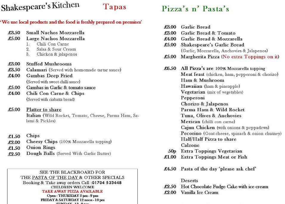 Menu at The Shakespeare pub & bar, Southport