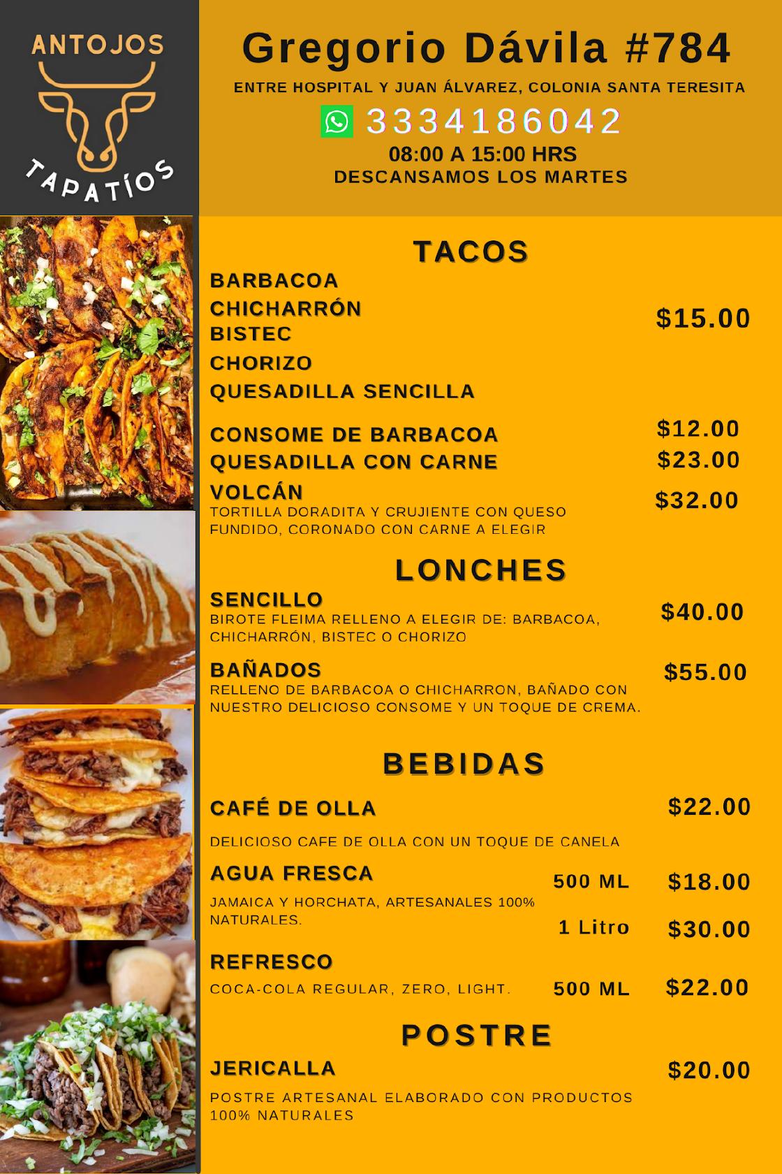 Menu at Tacos de Barbacoa y Chicharron, Antojos Tapatios, Guadalajara