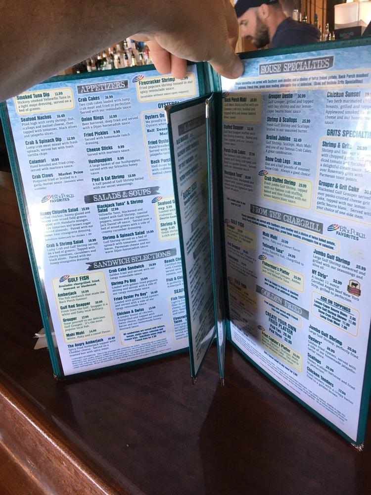 Menu at The Back Porch restaurant, Destin