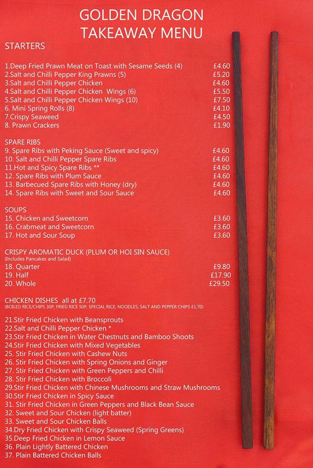 Menu at Golden Dragon restaurant, Hexham