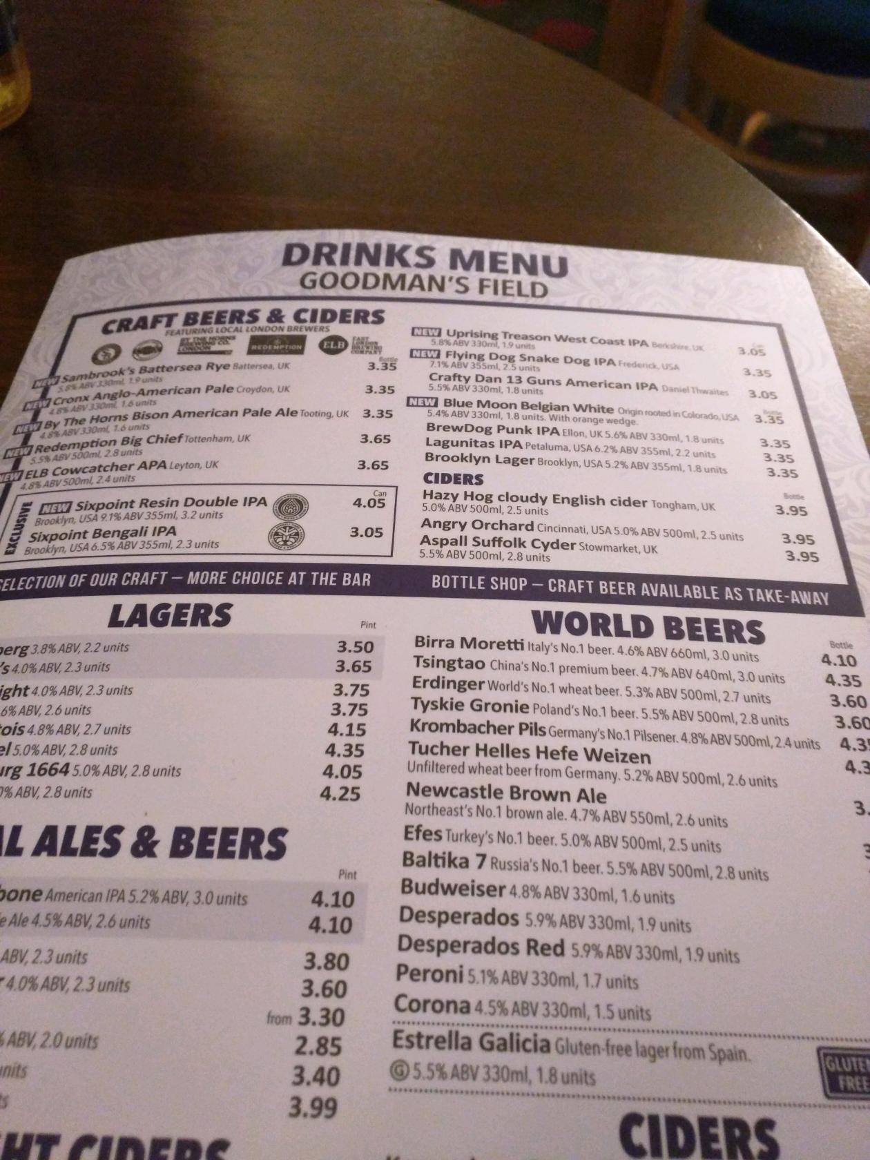 Menu at Goodman's Field - JD Wetherspoon pub & bar, London
