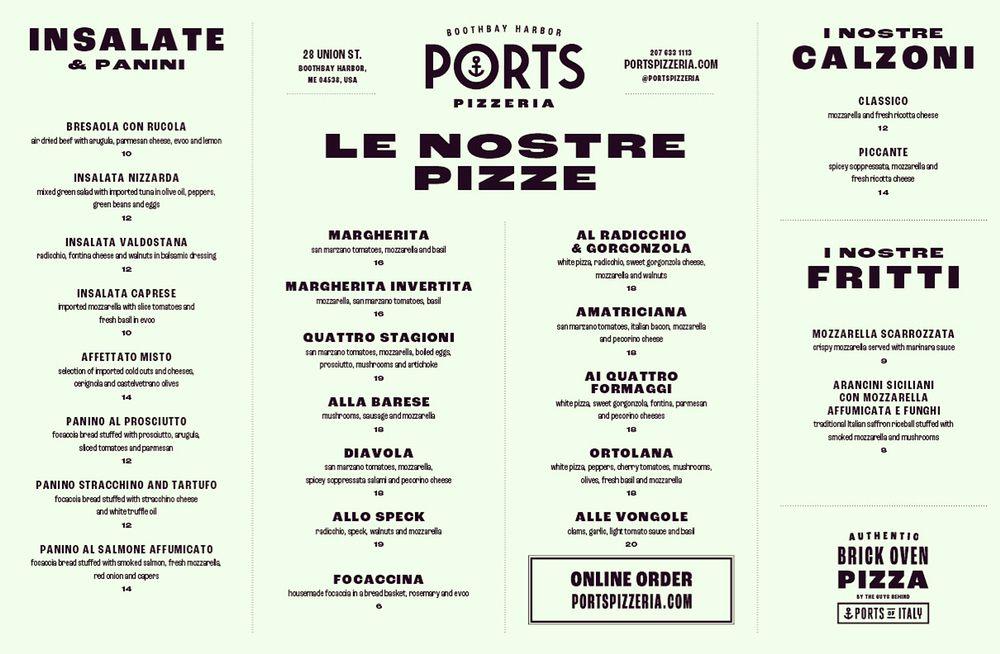 Carta de PORTS Pizzeria, Boothbay, Boothbay Harbor