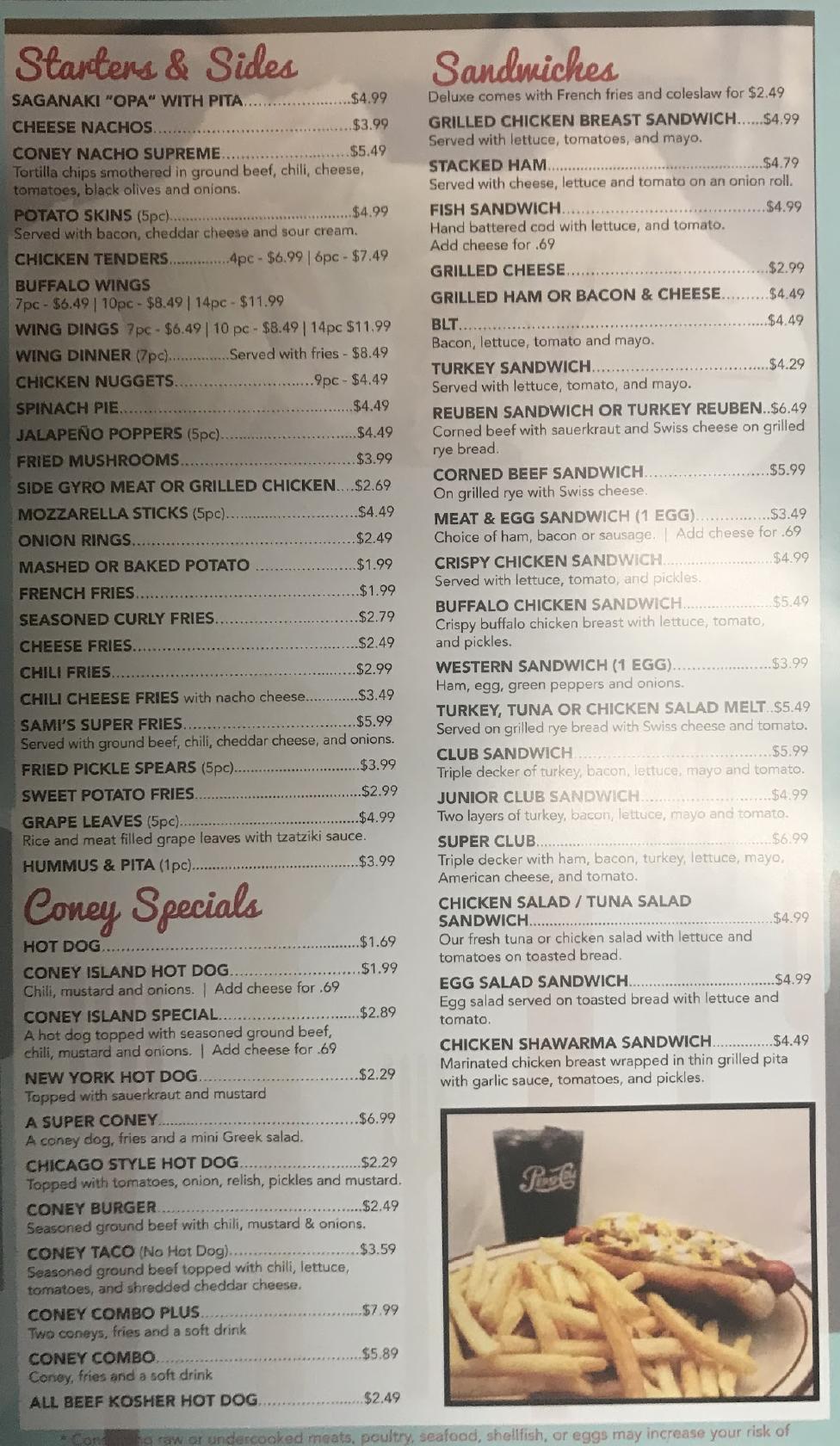 Menu at Sami's Coney Island restaurant, Taylor, Eureka Rd