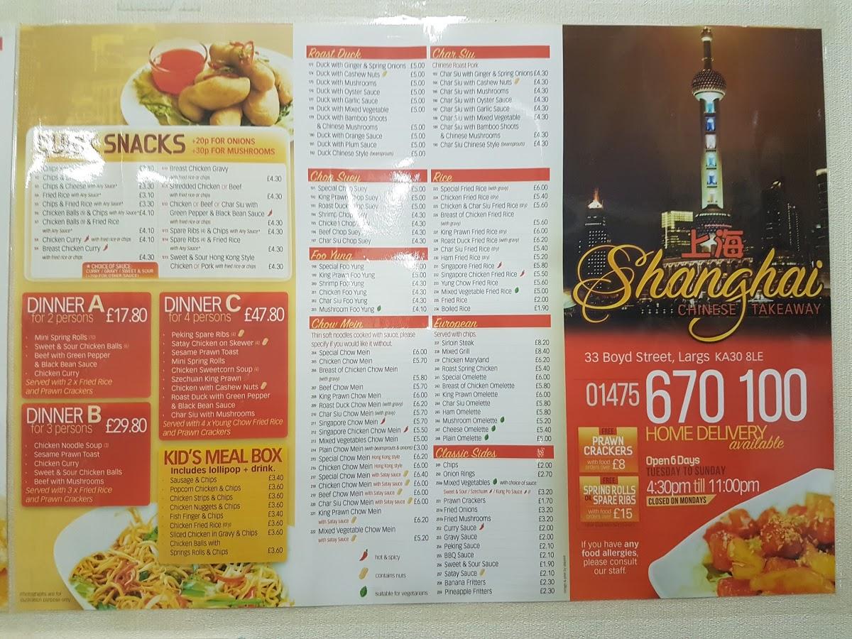 Menu at Shanghai Chinese Takeaway restaurant, Largs