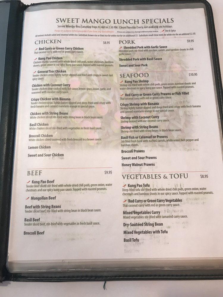 Menu at Sweet Mango restaurant, San Jose