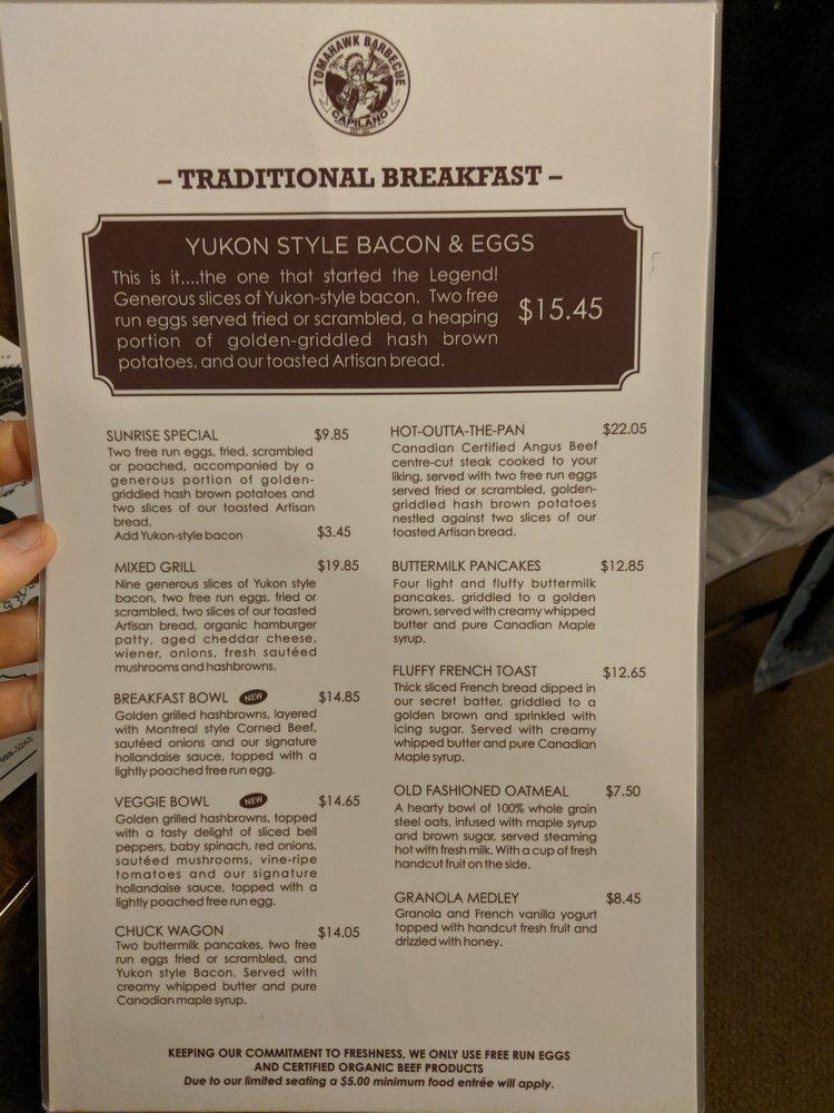 Menu at Tomahawk Restaurant, North Vancouver