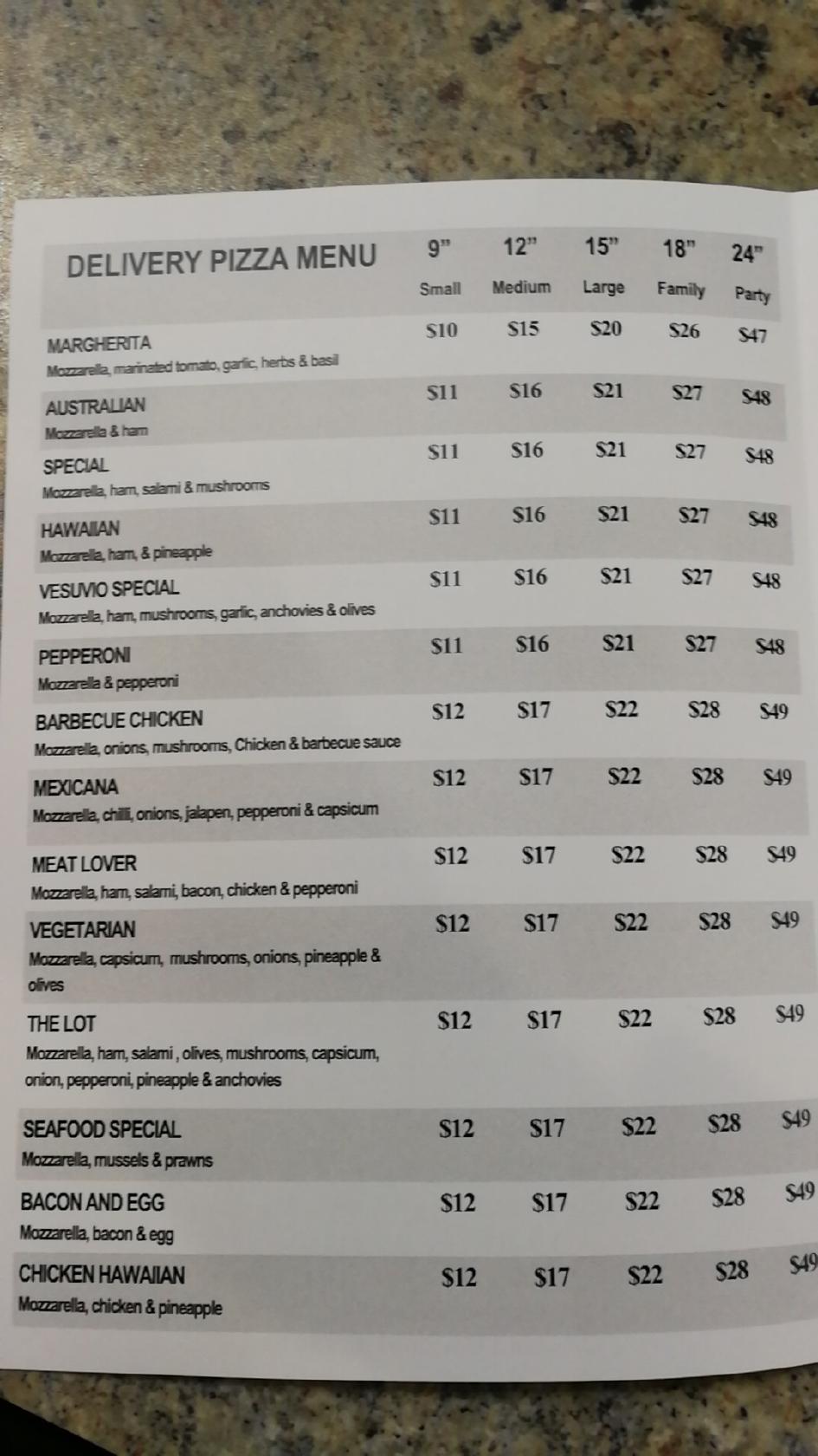 Menu at Vesuvio Pizza Bar, Felixstow