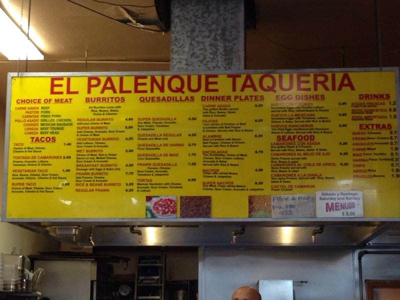 Menu at El Palenque Taqueria restaurant, San Mateo