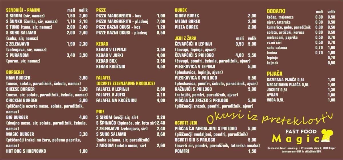 Menu at Fast food 'Magic', Koper