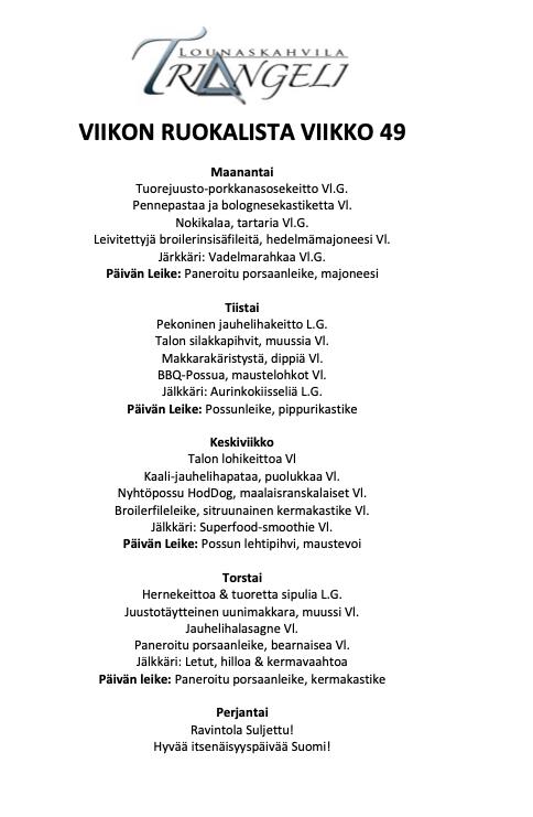 Menu at Lounaskahvila Triangeli restaurant, Helsinki