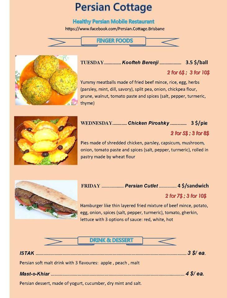 Menu at Persian Cottage restaurant, Banyo