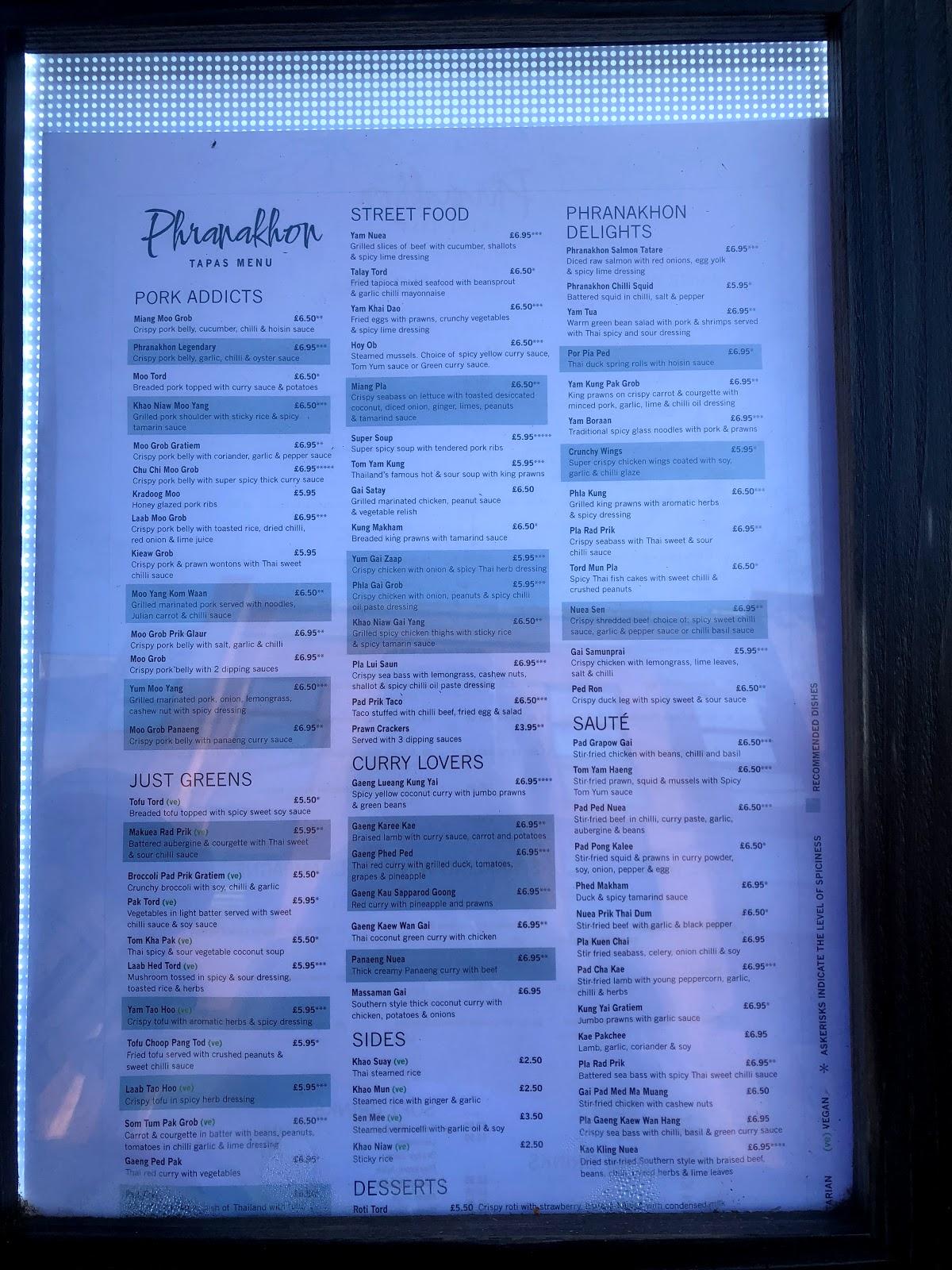 Menu at Phranakhon restaurant, Leeds