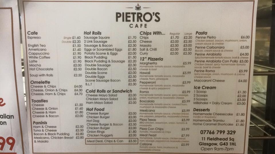 Menu at Pietro's Cafe, Glasgow