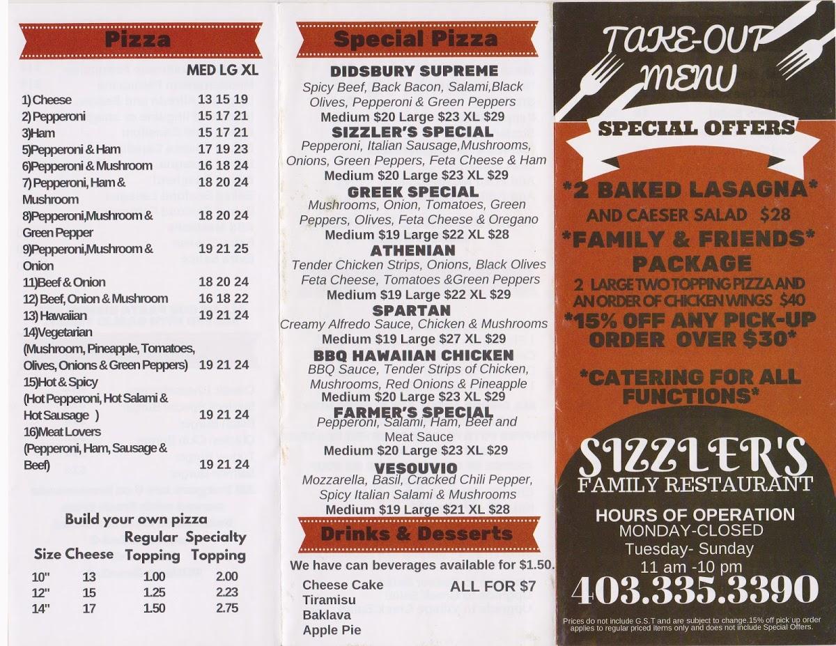 Menu at Sizzler's Family Restaurant, Didsbury