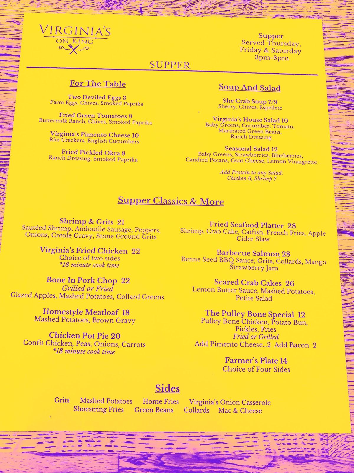Menu at Virginia's On King restaurant, Charleston