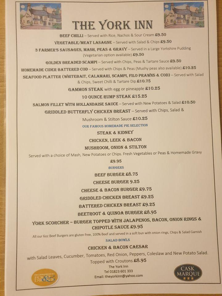 Menu at York Inn pub & bar, Pitminster