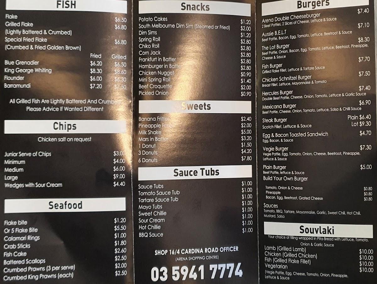 Menu at Arena Fish & Chips restaurant, Officer