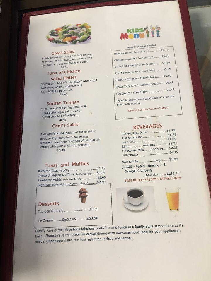 Menu at Family Fare restaurant, East Petersburg