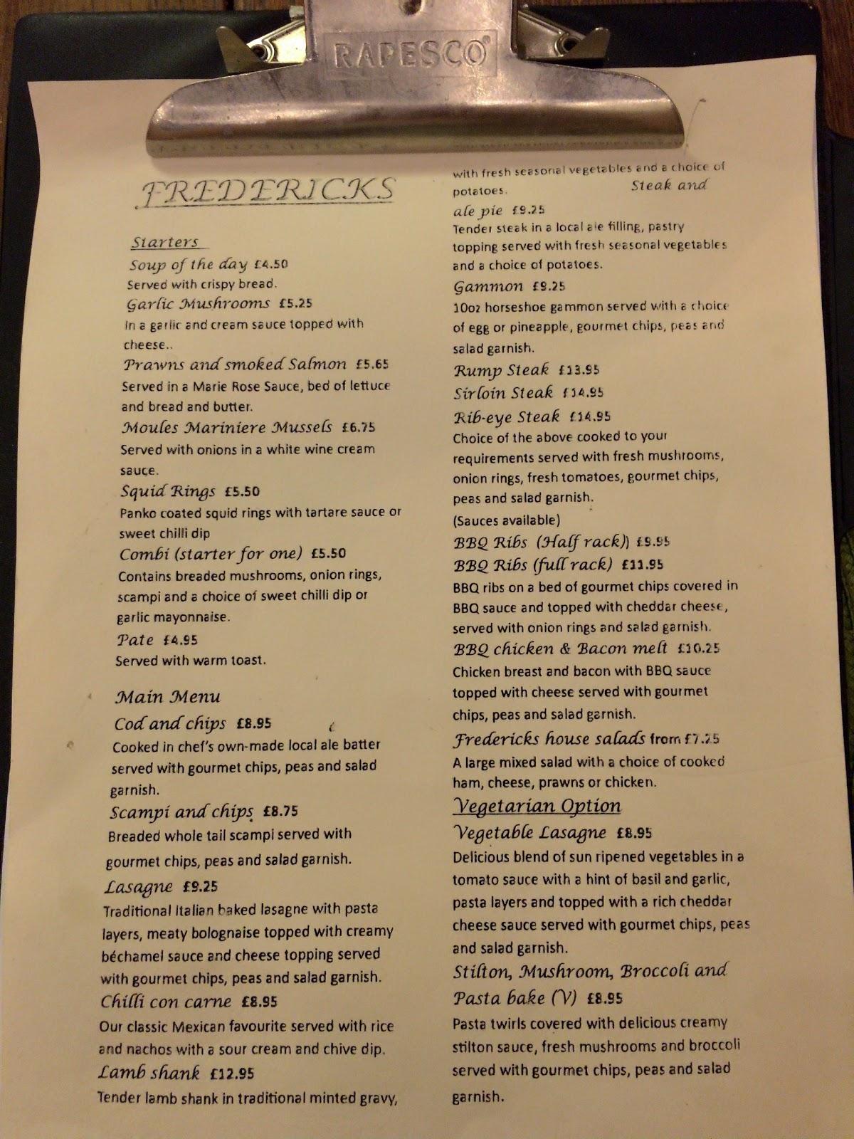 Menu at Fredericks restaurant, Torquay