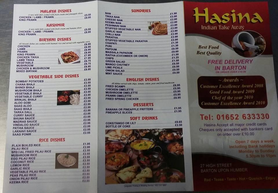 Menu at Hasina Indian Takeaway fast food, Barton-upon-Humber