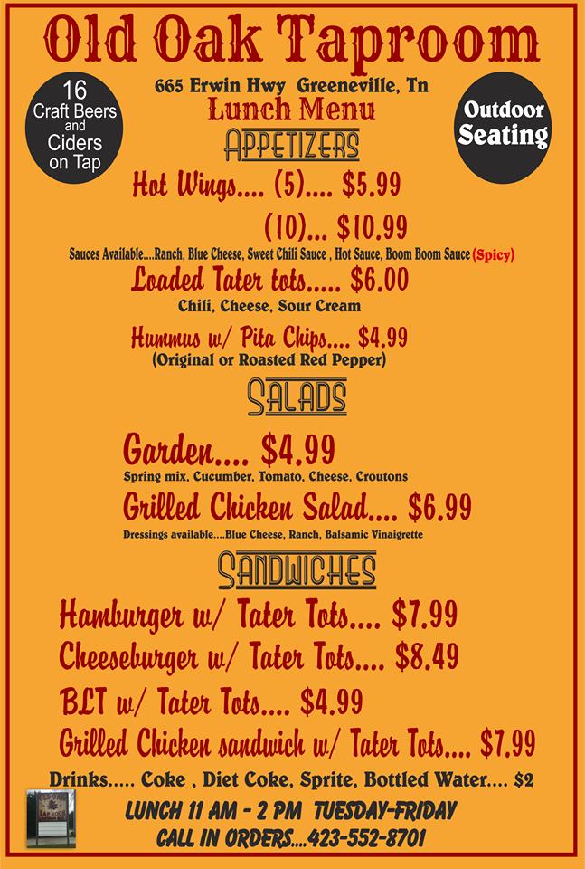 Menu at Old Oak Taproom pub & bar, Greeneville