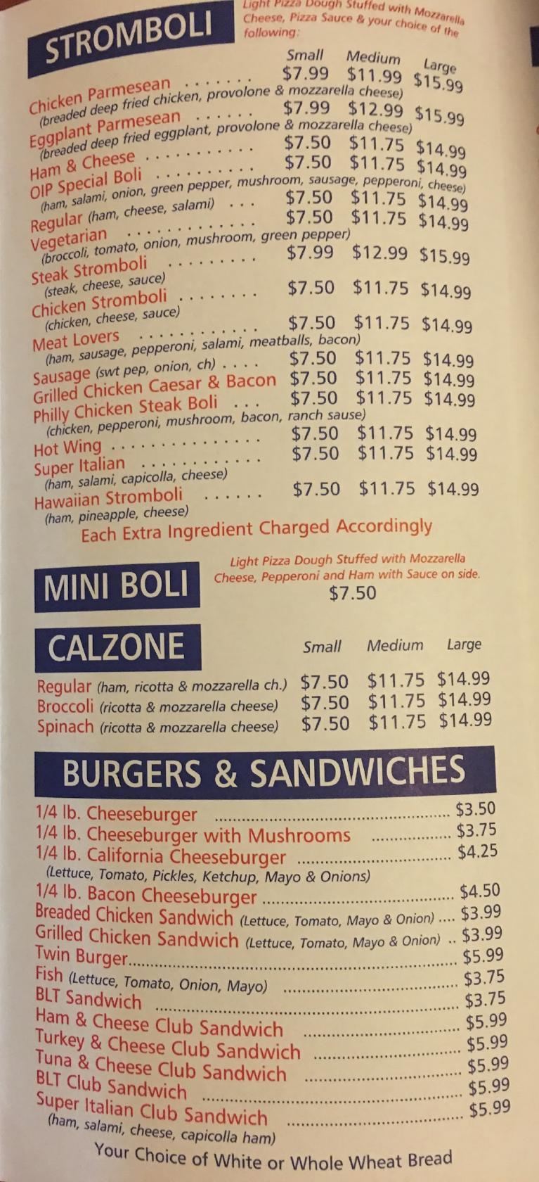 Menu at Original Italian Pizza pizzeria, Pine Grove