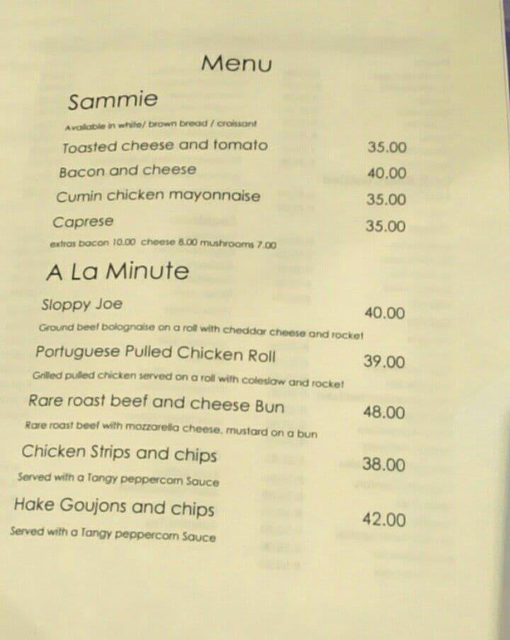 Menu at Arts Cafe, Cape Town