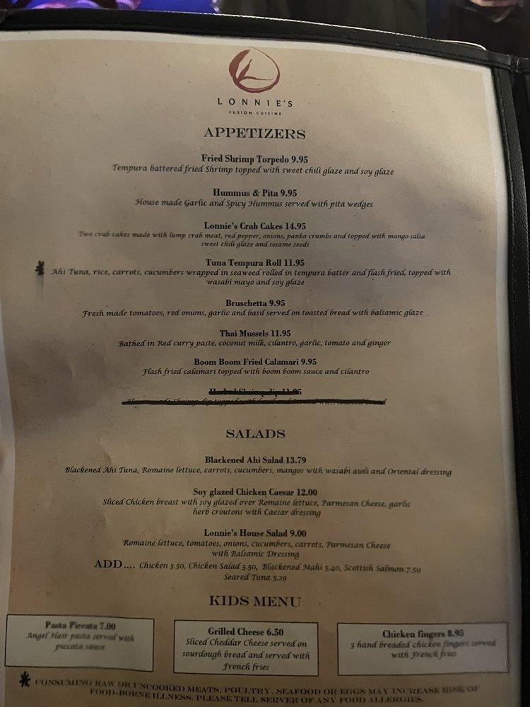 Menu at Lonnie's restaurant, Lake Mary