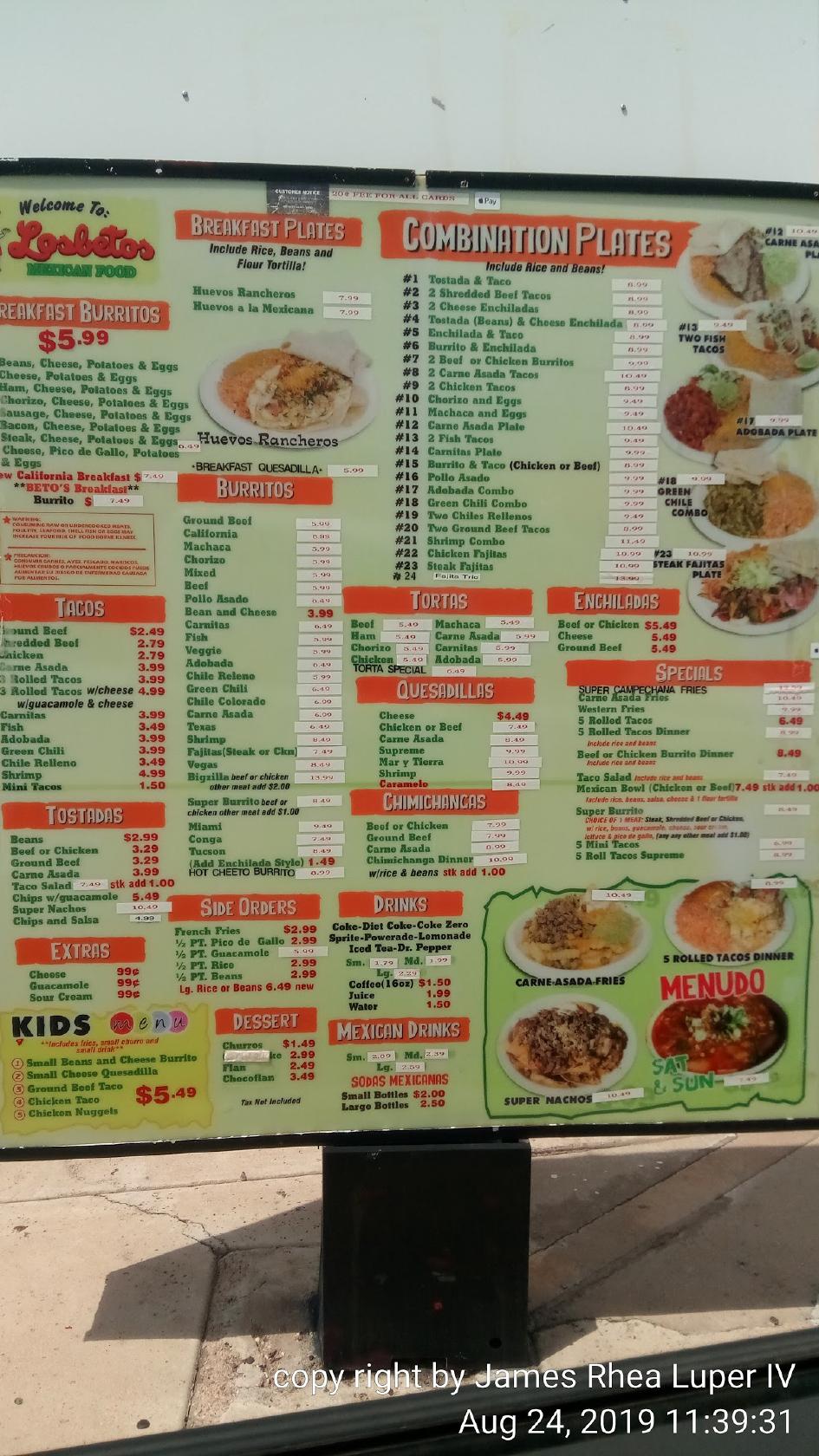 Menu at Los Betos restaurant, Tucson, W St Marys Rd