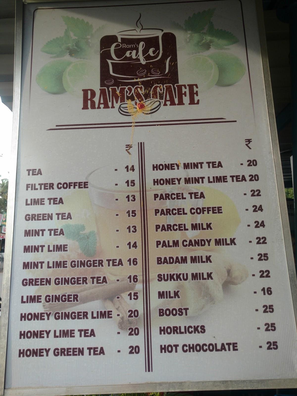 Menu at Ram's Cafe, Vellore