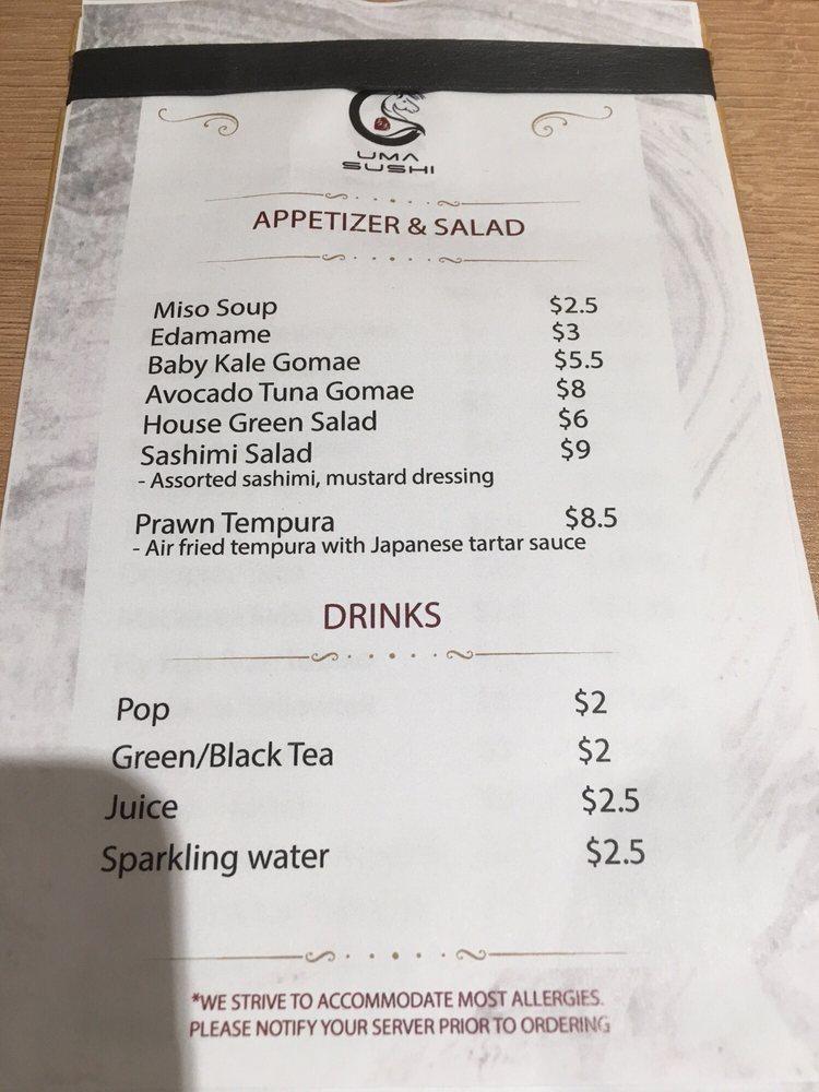 Menu at Uma Sushi restaurant, Vancouver
