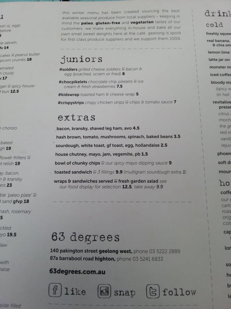 Menu at 63 Degrees restaurant, Geelong West, 140 Pakington St