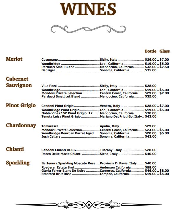 Menu at Bella Italia restaurant, Fortuna