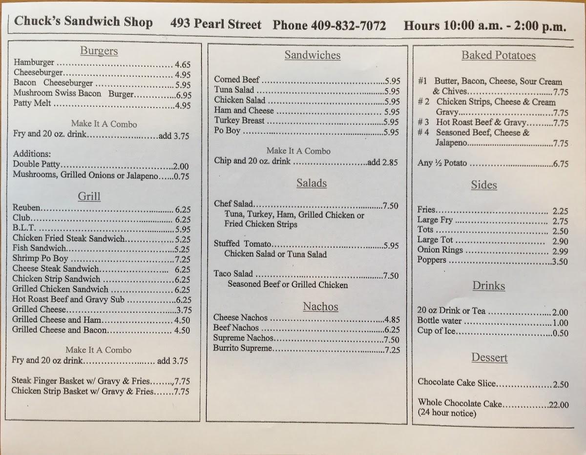 Menu at Chuck's Sandwich Shop restaurant, Beaumont
