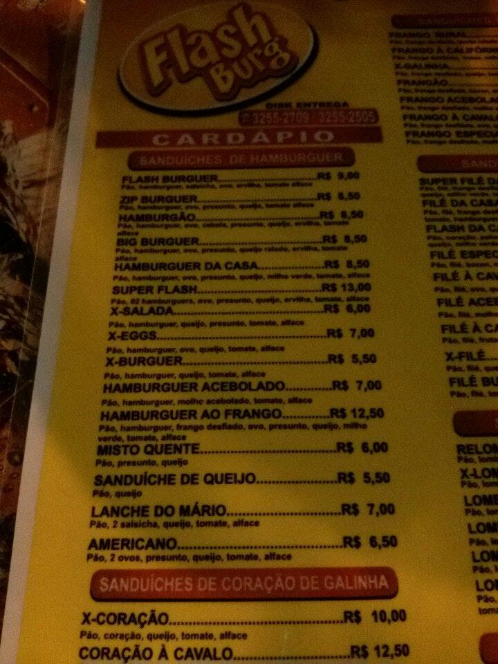Menu at Flash Burger restaurant, Aracaju