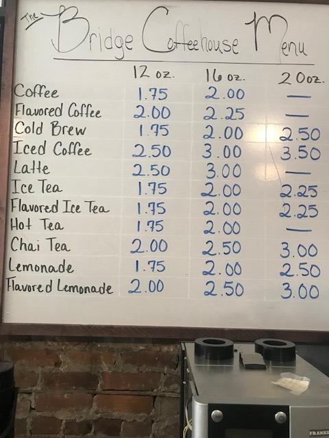 Menu at The Bridge Coffeehouse cafe, Red Oak