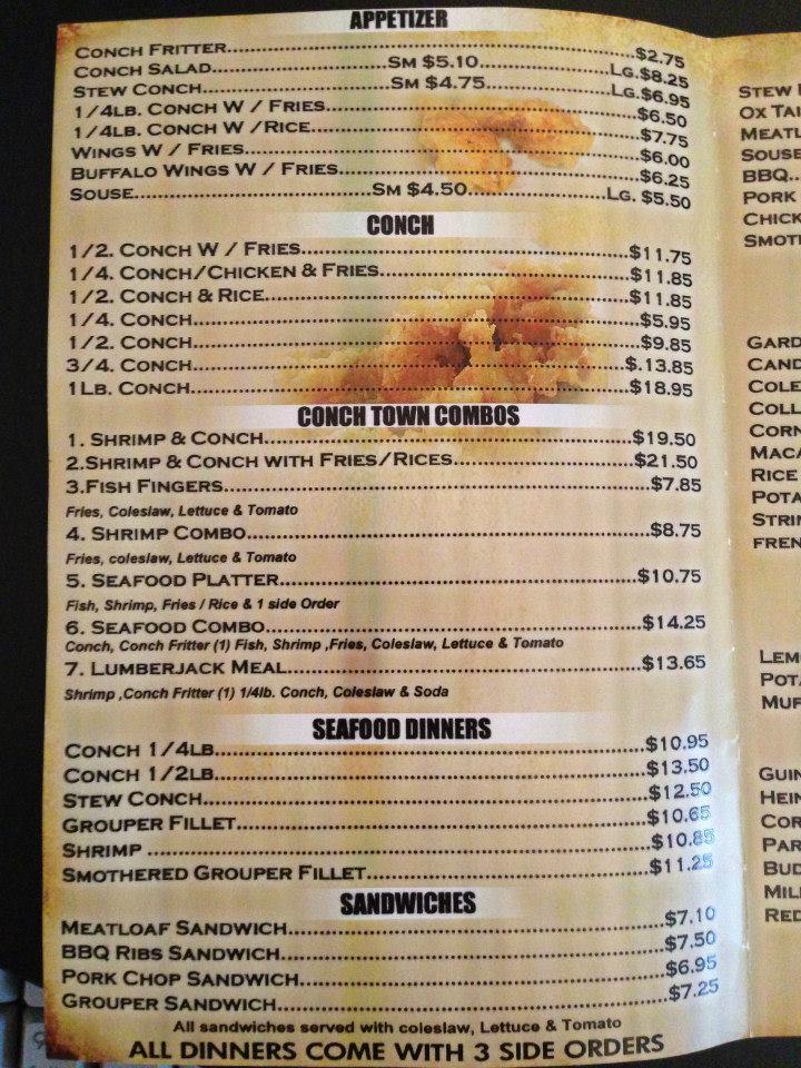 Menu at Conch Town USA restaurant, Miami