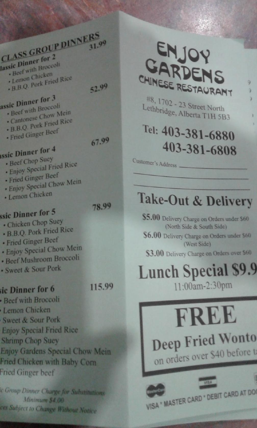 Menu at Enjoy Gardens Chinese Restaurant, Lethbridge