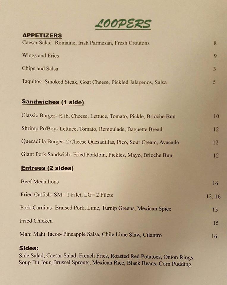 Menu at Loopers Restaurant, Carterville