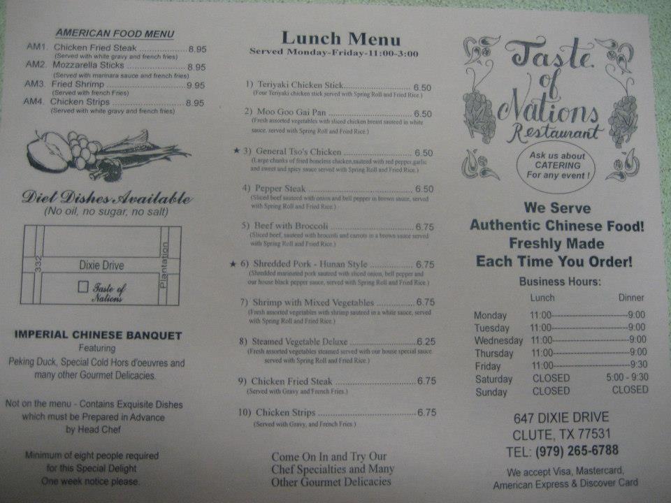 Menu at Taste of Nations Restaurant, Clute