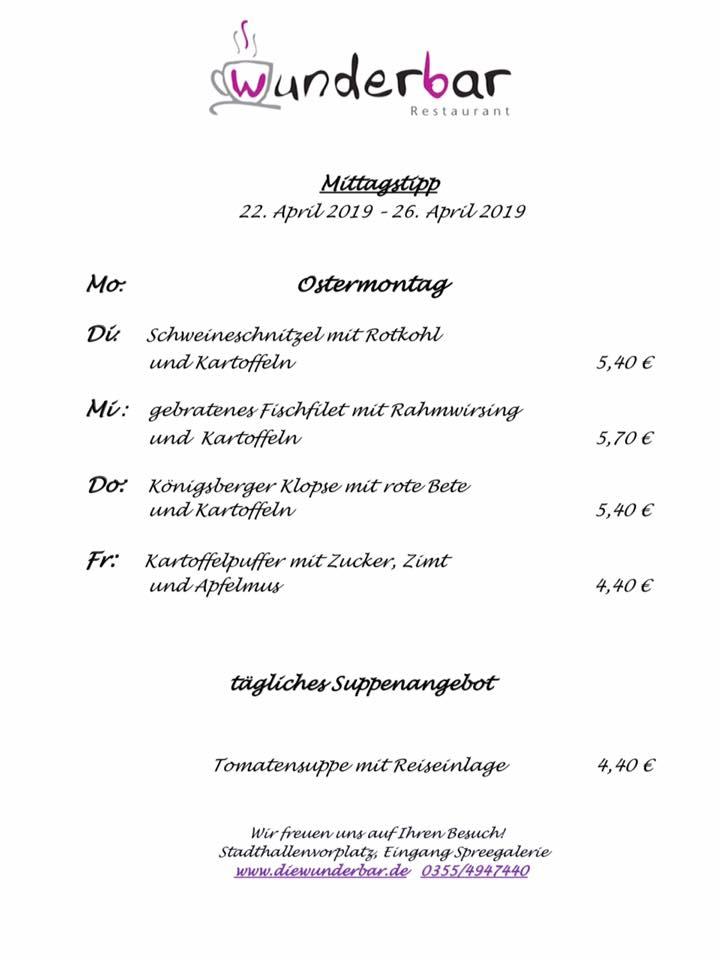 Menu at Die Wunderbar, Cottbus