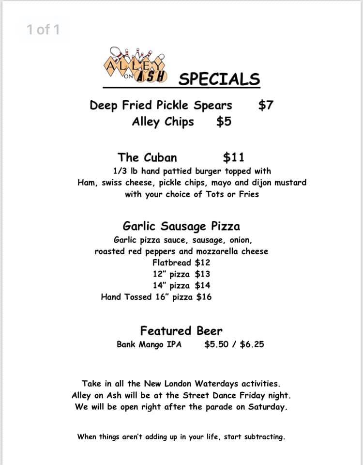 Menu at Alley On Ash pub & bar, New London