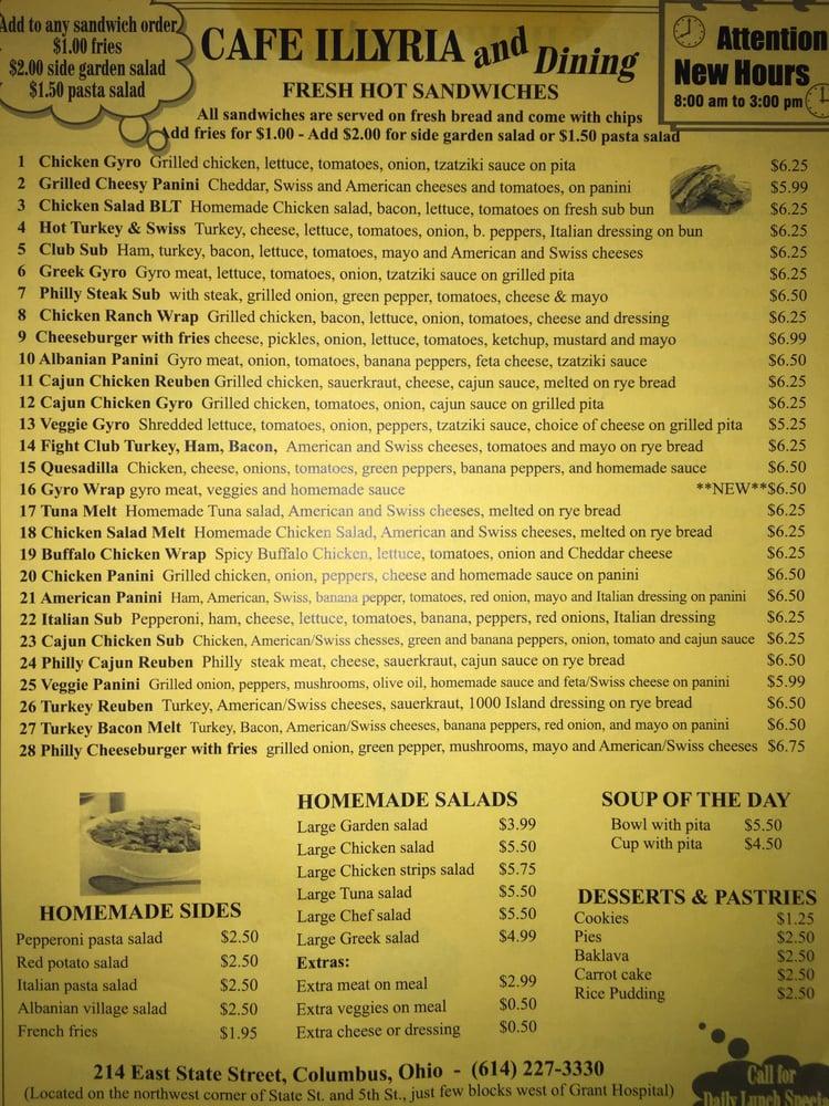 Menu at Cafe Illyria, Columbus