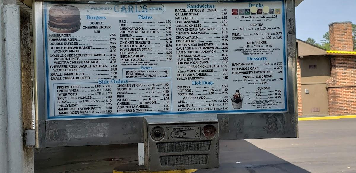 Menu at Carl's Drive In restaurant, Loudon, E Lee Hwy