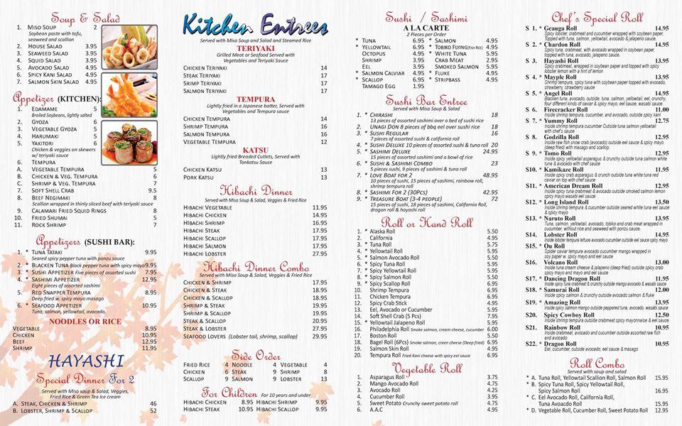 Menu at Hayashi Maple restaurant, Chardon