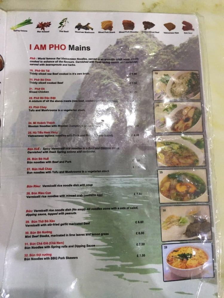 Menu at I Am Pho restaurant, Manchester