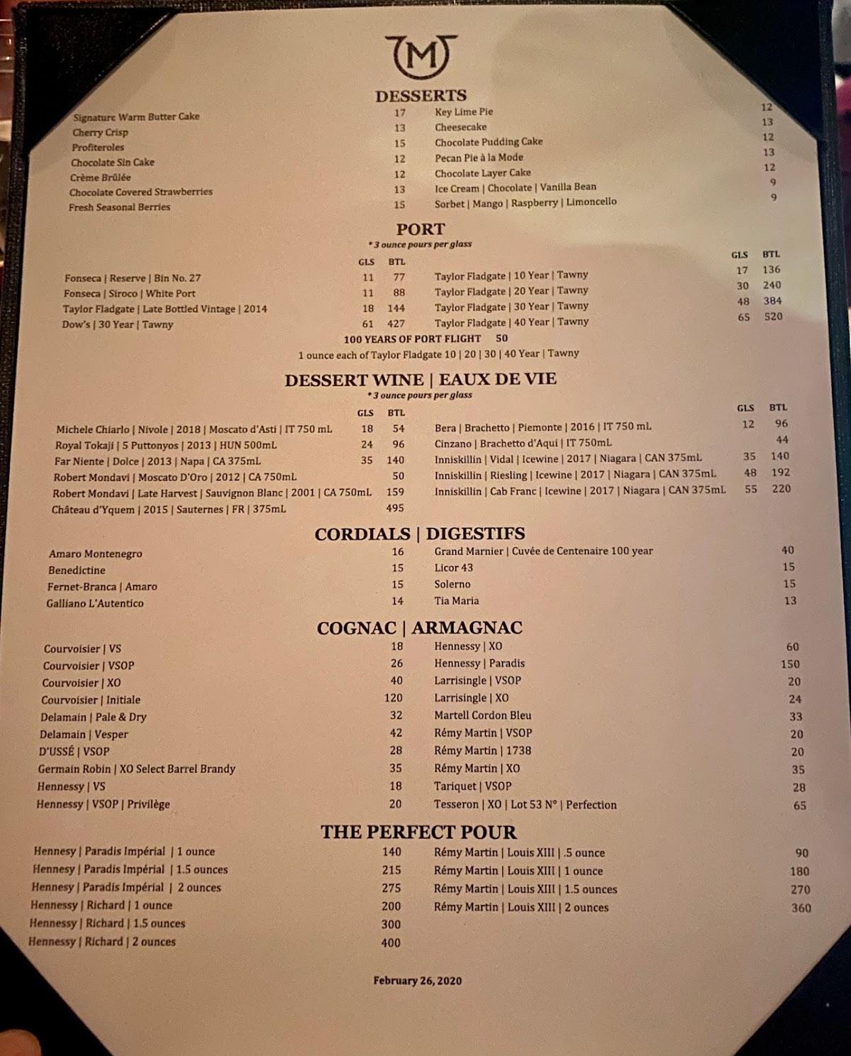 Menu at Mastro's Ocean Club, Scottsdale